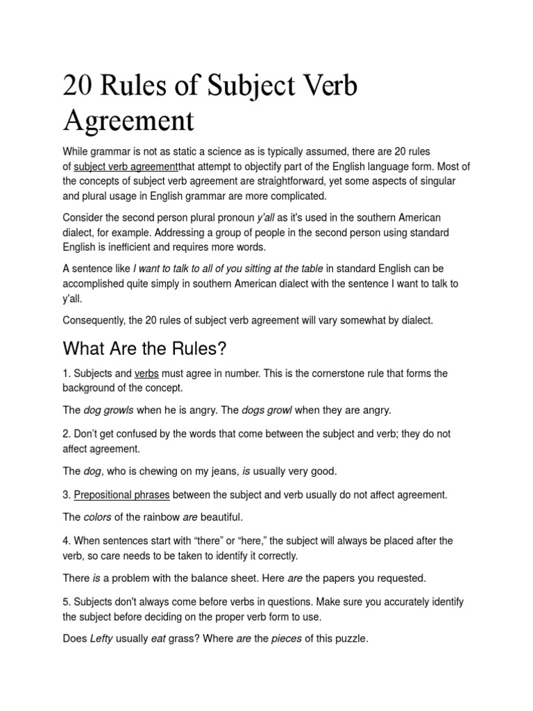 20 Rules of Subject Verb Agreement | Grammatical Number | Verb