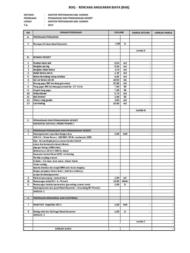 Boq - Rab Genset-Bpn | PDF | Teknologi & Rekayasa