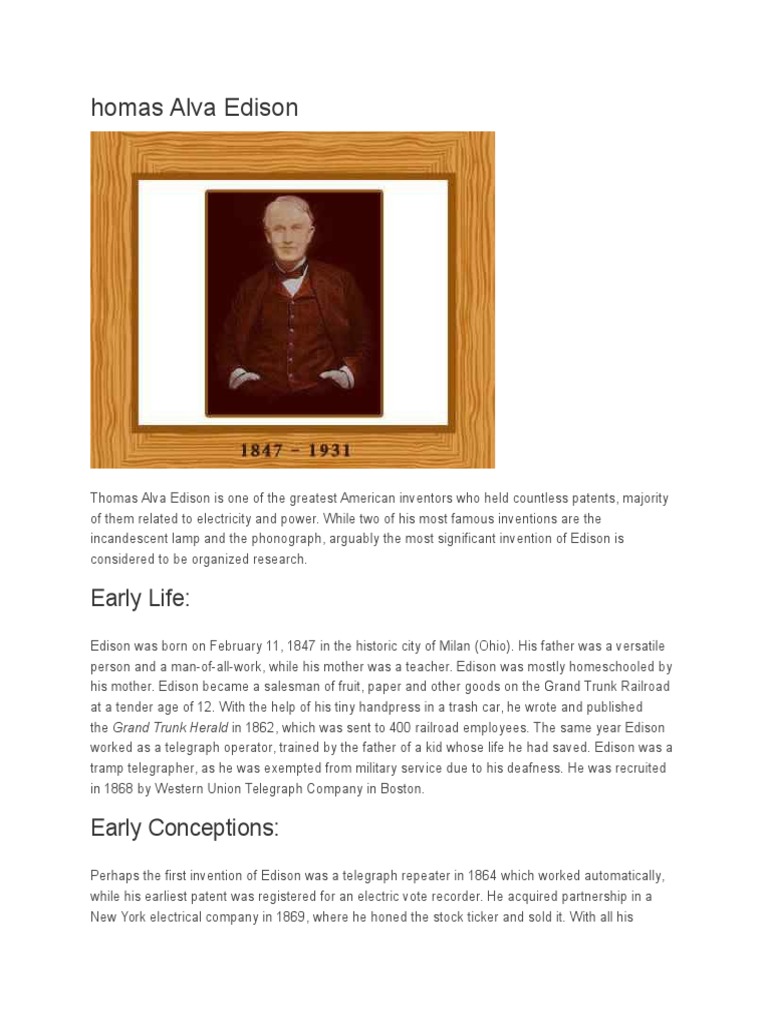 Homas Alva Edison: Early Life | PDF | Thomas Edison