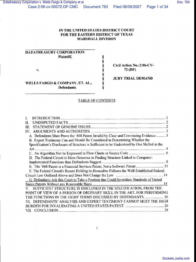 Datatreasury Corporation v. Wells Fargo & Company Et Al - Document No. 763 | PDF | Burden Of ...