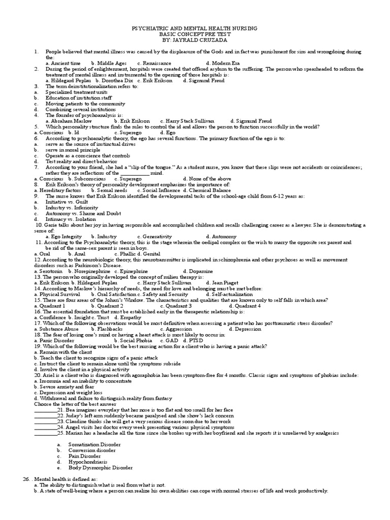 Psychiatric Nursing Concepts Pre-Test Review | PDF | Id | Mental Disorder