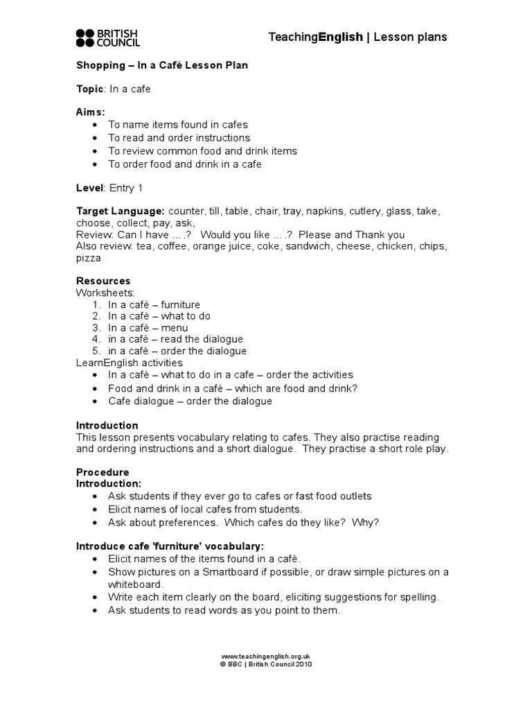 Shopping in A Cafe Lesson Plan | PDF