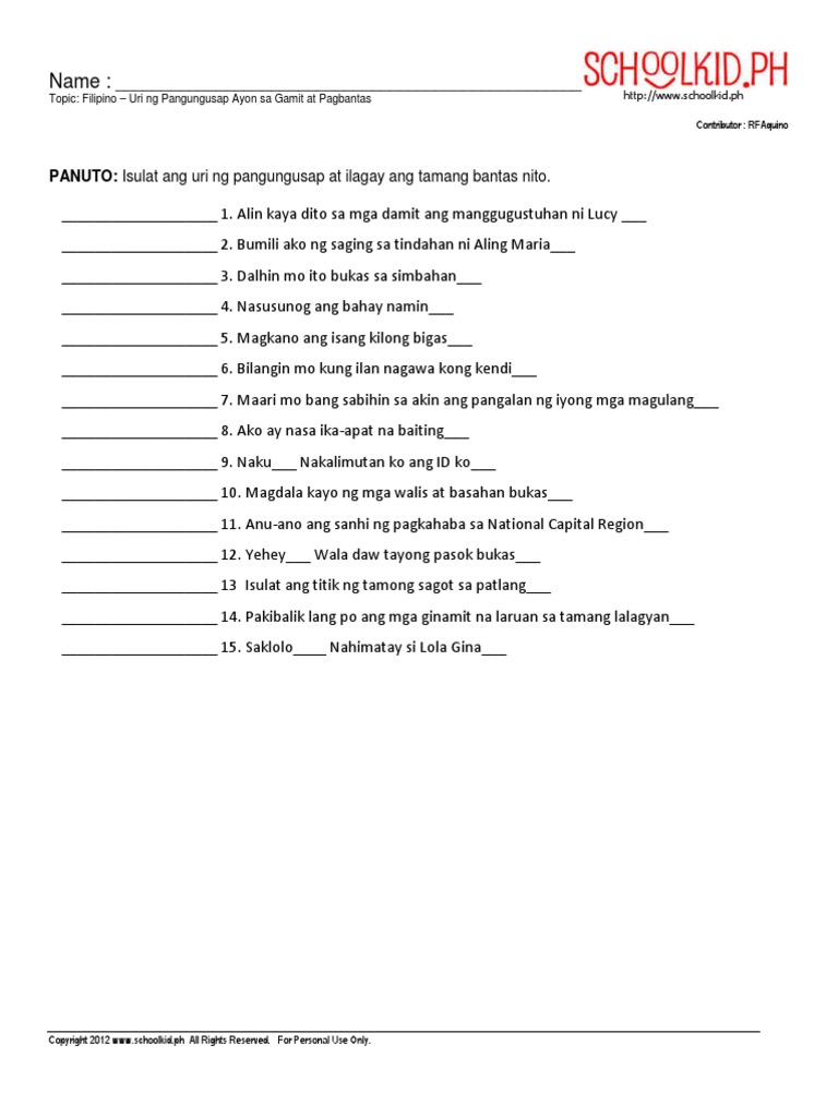 Uri NG Pangungusap Worksheet | PDF