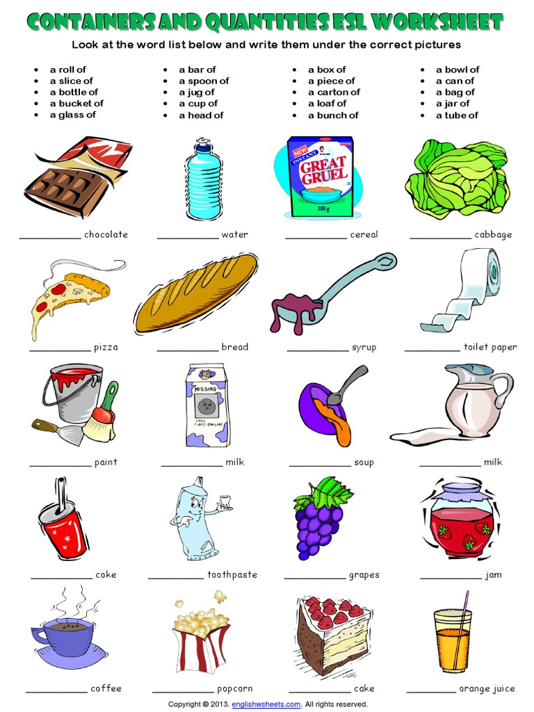 Containers and Quantities Matching Exercises Worksheet | PDF | Wellness