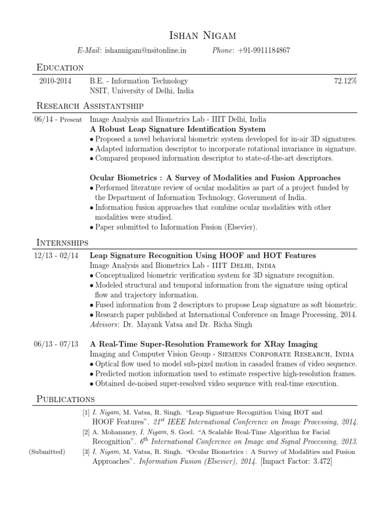 Resume Ishan Nigam | PDF | Biometrics | Principal Component Analysis