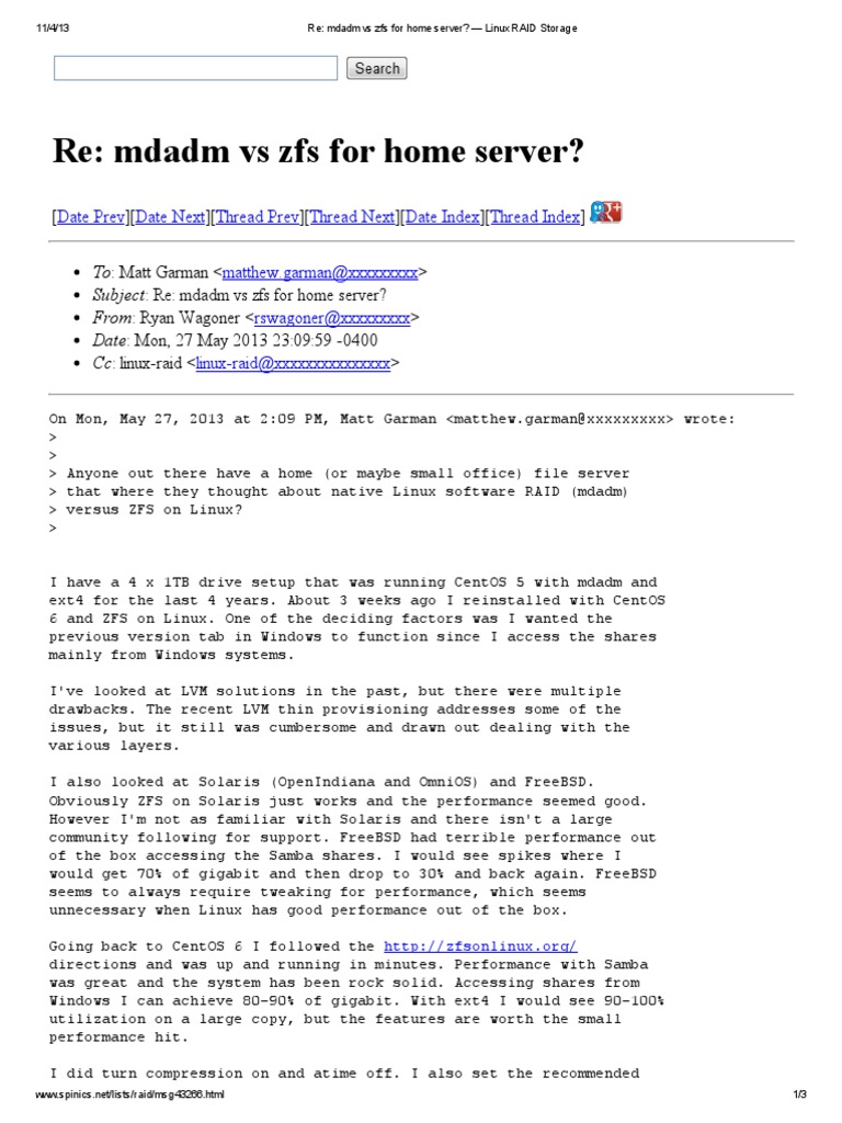 Re - Mdadm Vs Zfs For Home Server - Linux RAID Storage | PDF | Data Management | Data