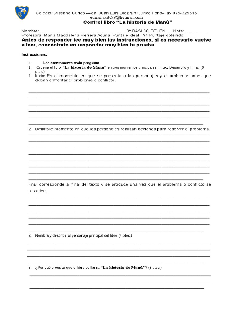 Prueba Libro La Historia de Manu | PDF