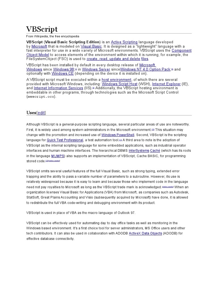 Vbscript: Vbscript (Visual Basic Scripting Edition) Is An | Download Free PDF | Python ...