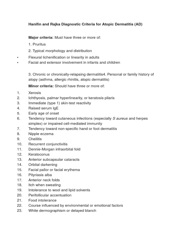 Hanifin and Rajka Diagnostic Criteria For Atopic Dermatitis | PDF ...