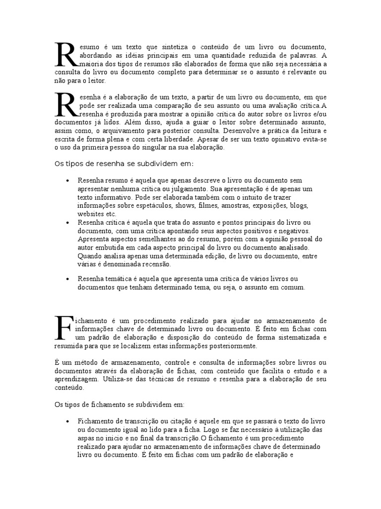 Diferença Entre Resumo, Resenha e Fichamento | PDF | Livros | Science Diferença Entre Resumo, Resenha e Fichamento | PDF | Livros | Science