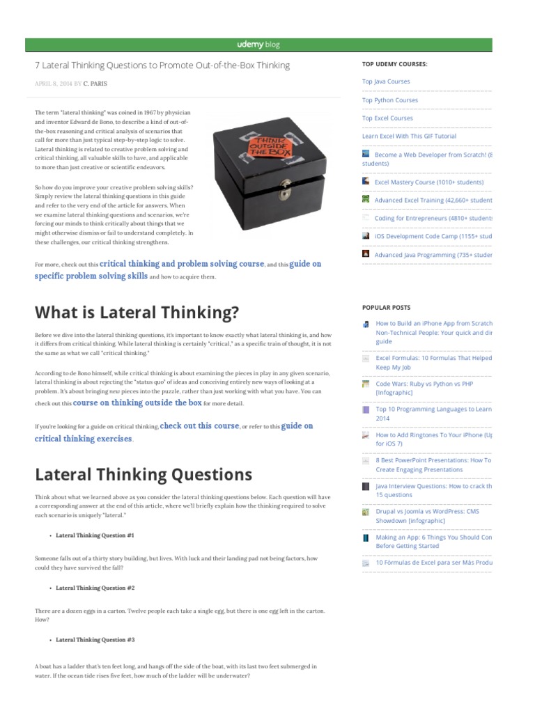 7 Lateral Thinking Questions To Promote Out-Of-The-Box Thinking | PDF | Critical Thinking | Thought