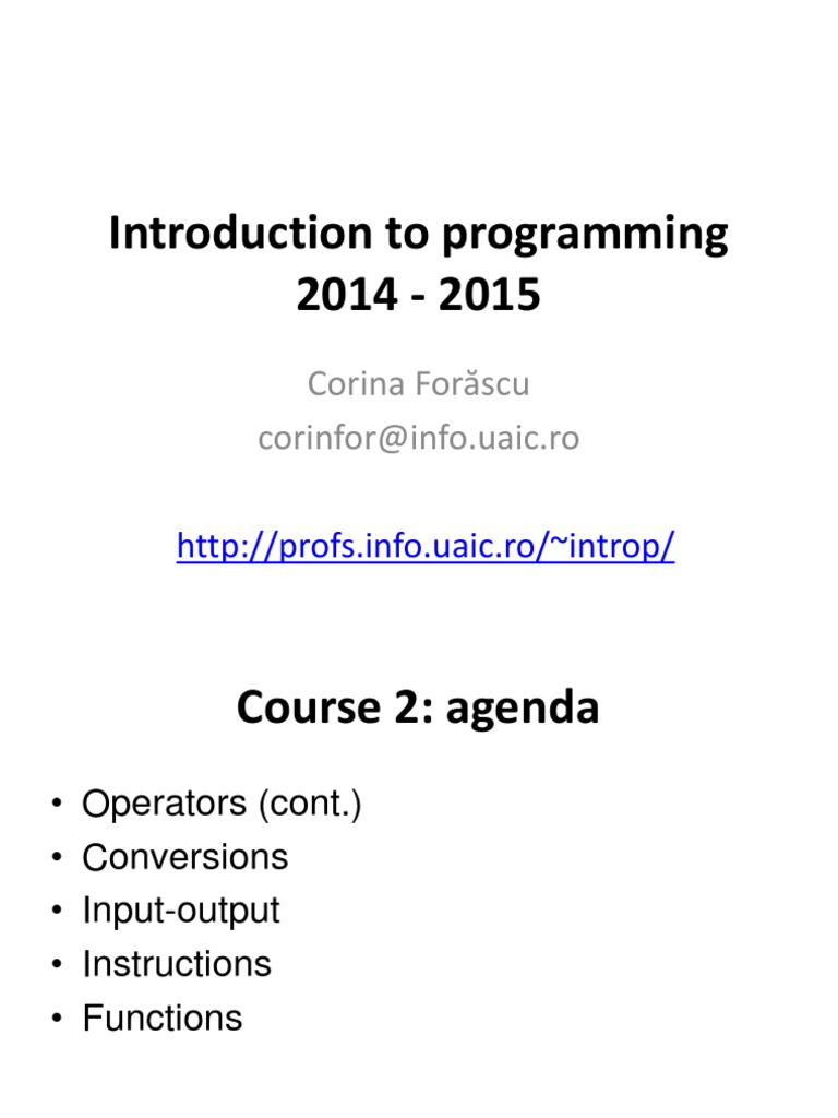 An Introduction to Programming Concepts including Operators, Input/Output, and Functions | PDF ...