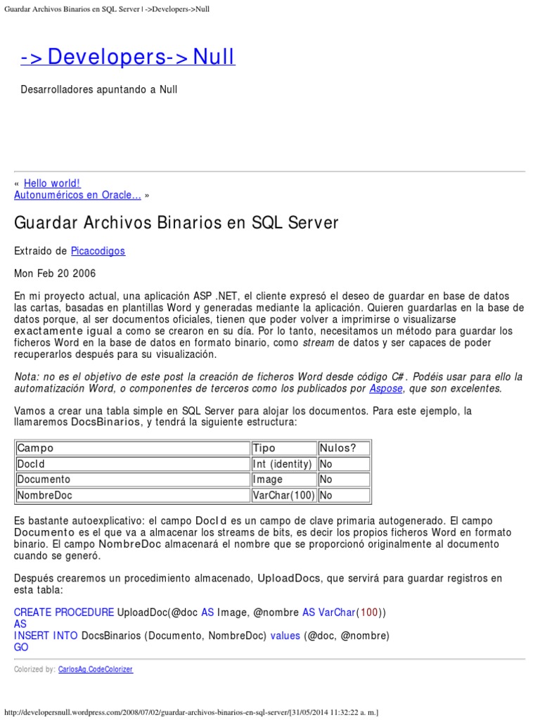 Guardar Archivos Binarios en SQL Server - Developers - Null PDF | PDF ...