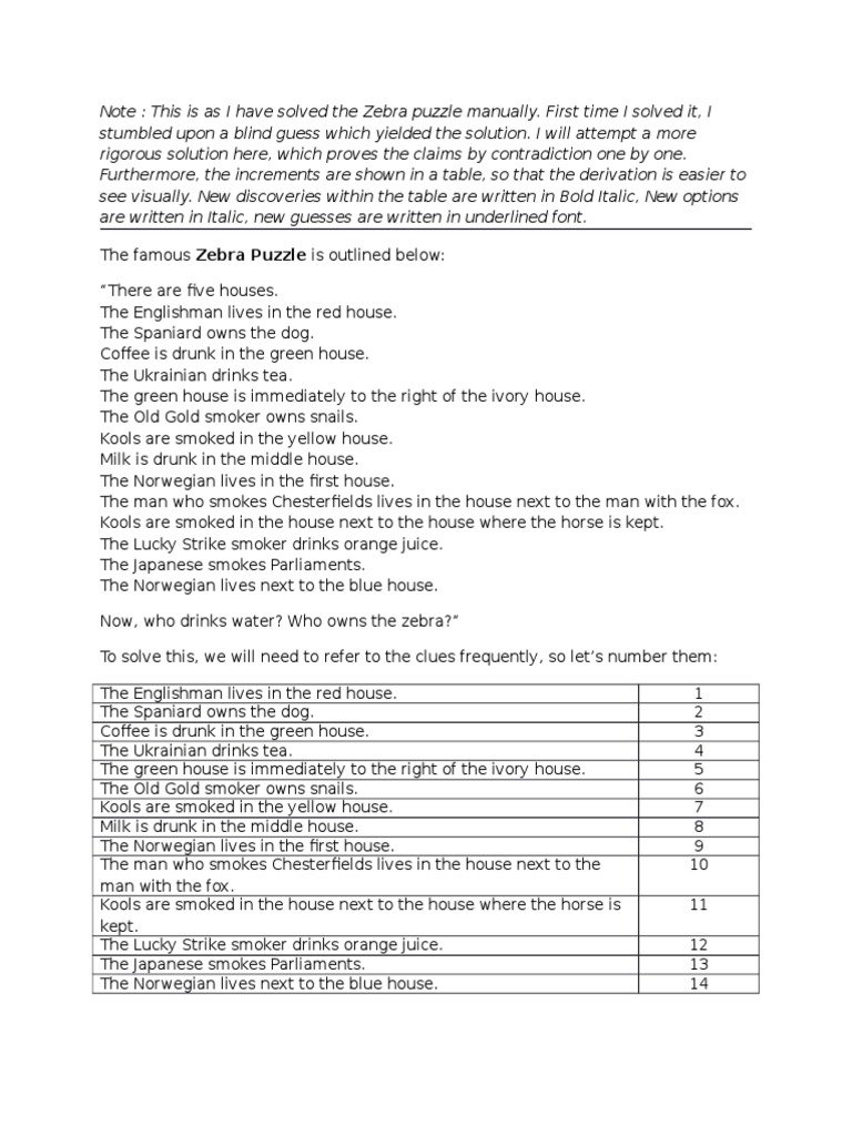 Solving the Zebra Puzzle Step-by-Step | PDF | Drink | Tea