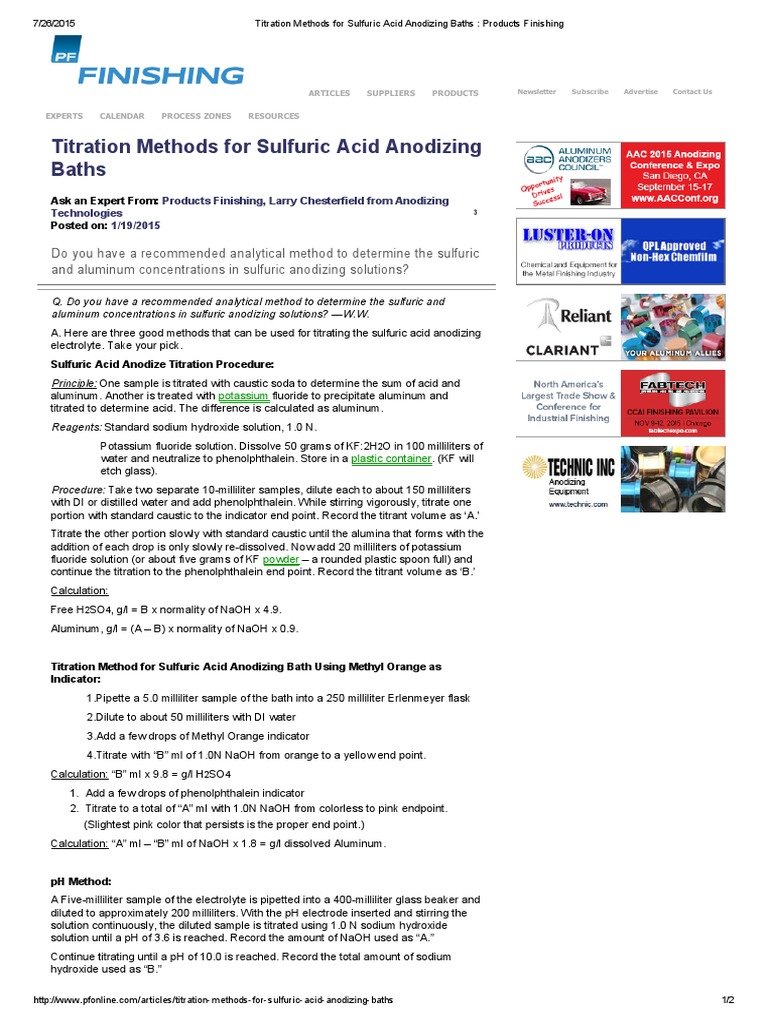 Titration Methods For Sulfuric Acid Anodizing Baths - Products ...