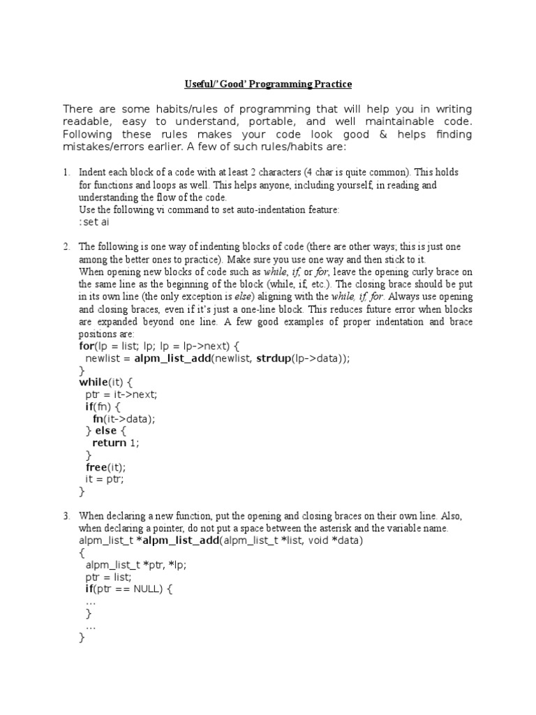 Useful/'Good' Programming Practice: For (LP List LP LP LP - Next) ( | PDF | C (Programming ...