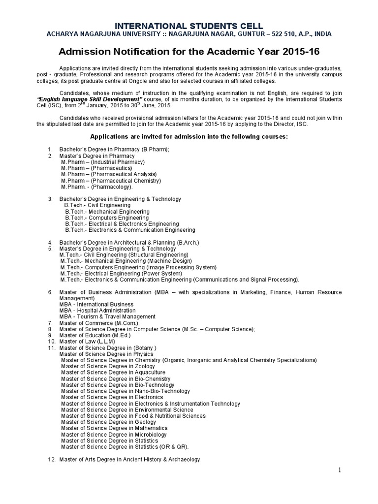 Notification AY 2015-16 | PDF | Master's Degree | Bachelor's Degree