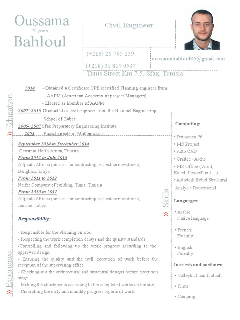 CV Civil Engineer English | PDF | Tunisia | Engineering