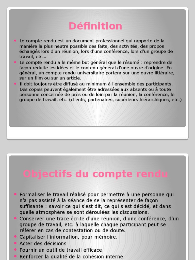 Présentation Sur Le Compte Rendu | PDF | Document | Lecture (Processus)
