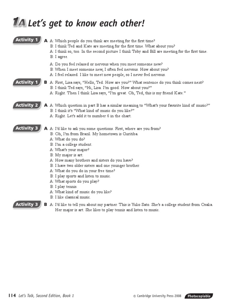 Lets Talk2 Level1 High Beginning Unit1 Model Conversations | PDF ...