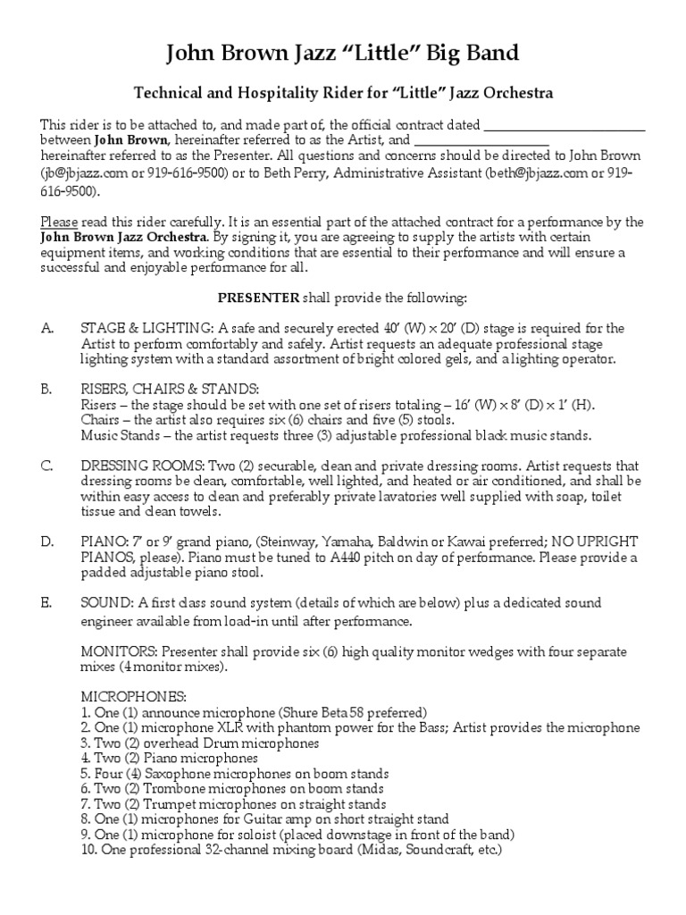 Tech Rider - John Brown - Little - Big Band | PDF | Piano | Microphone