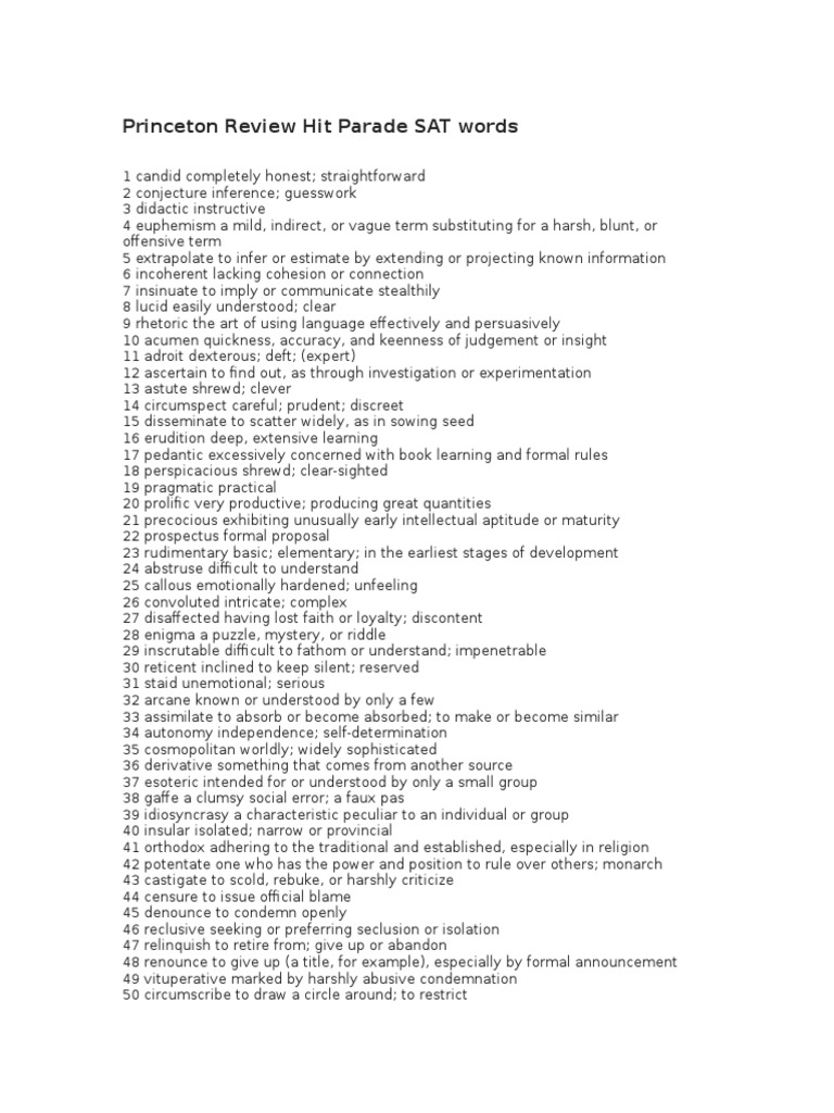 Princeton Review Hit Parade SAT Words | PDF | Deception | Psychological ...