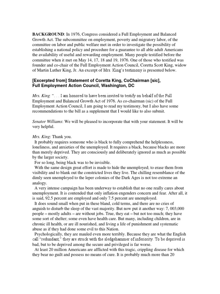 Cs King Testimony Full Employment Act 1976 | PDF | Coretta Scott King ...