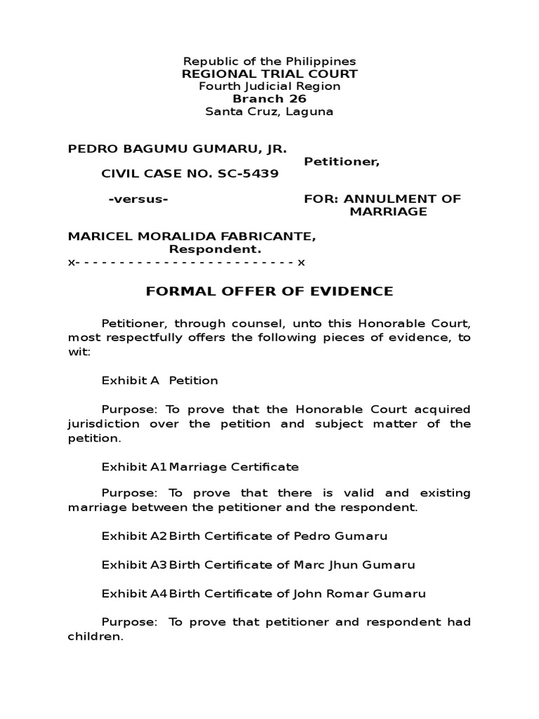 Formal Offer of Evidence Annulment of Marriage | Annulment | Separation ...