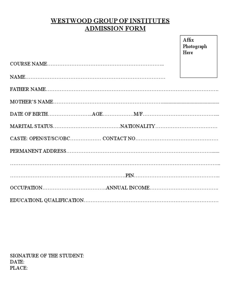 Westwood Institute Admission Form | PDF