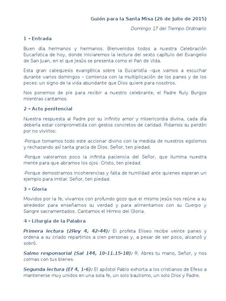 Guión para La Santa Misa | PDF | Misa (liturgia) | eucaristía