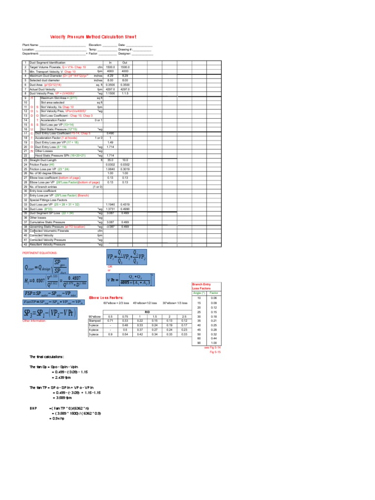Velocity Pressure Method Calculation Sheet | Flow Measurement | Gas ...