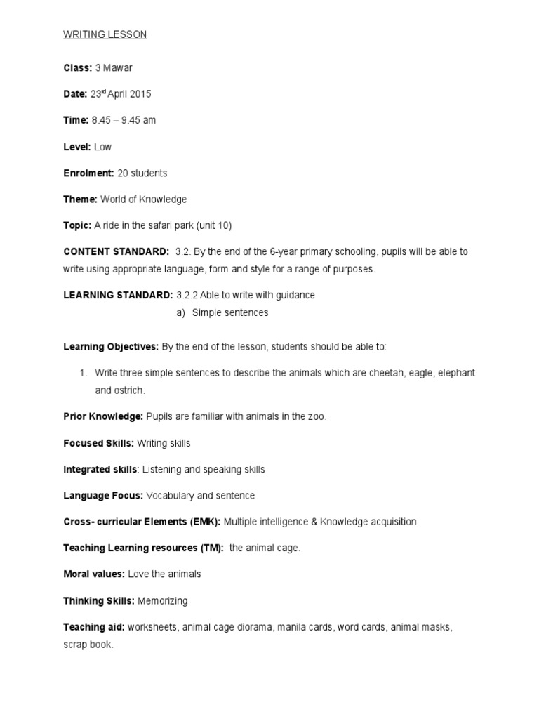 WRITING LESSON Y3 A Ride in Safari Park | PDF | Vocabulary | Teachers