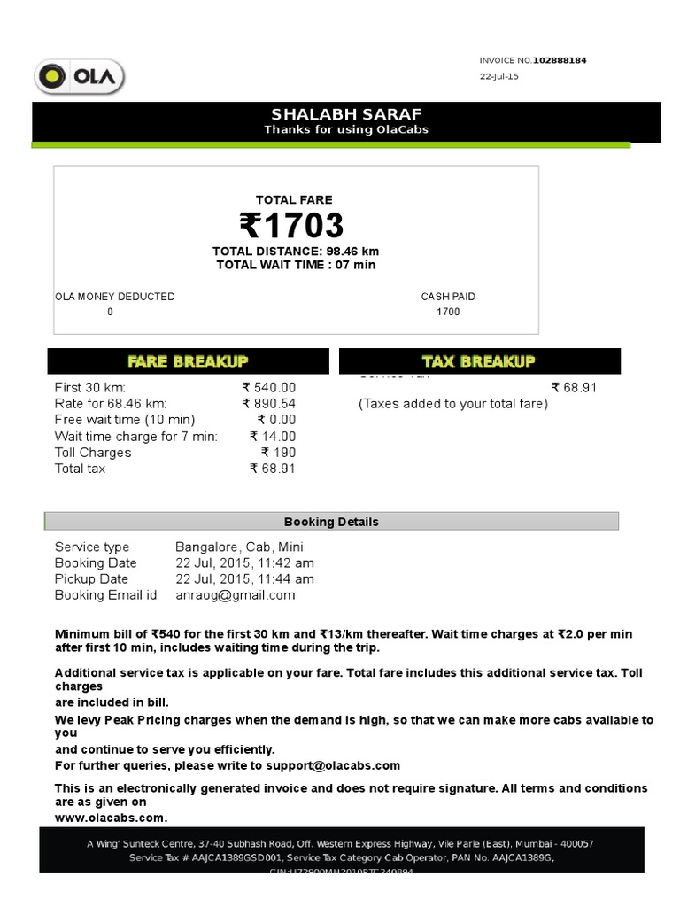 Ola Receipt 24-07-15 | PDF | Finance & Money Management