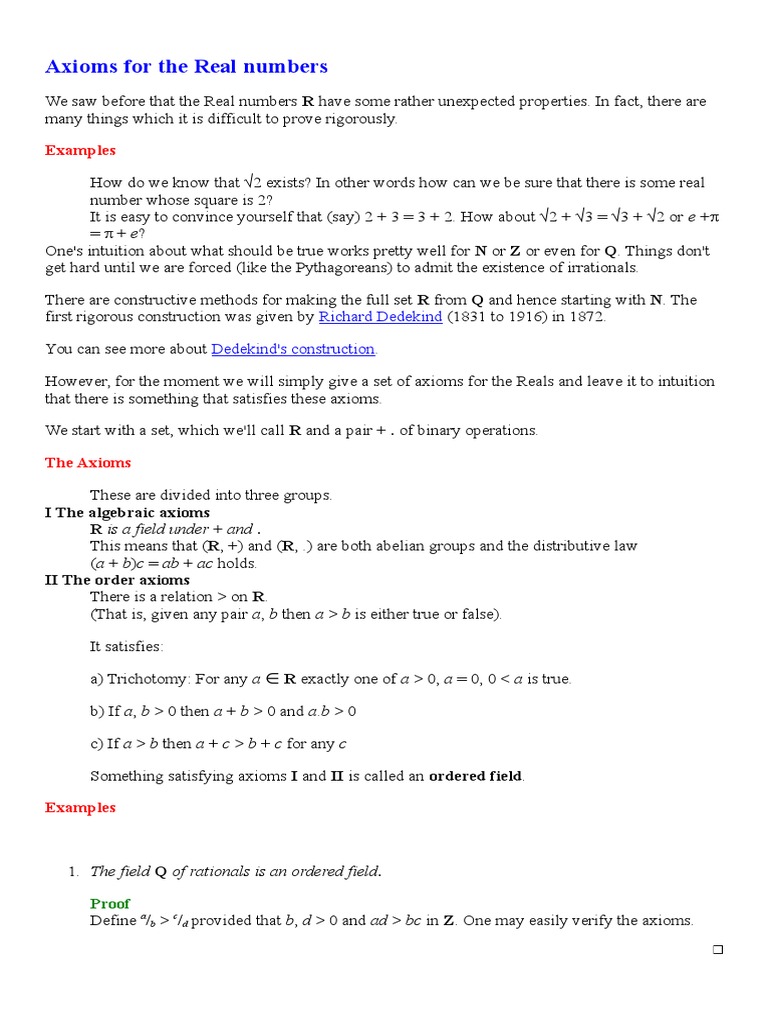 Axioms for the Real Numbers | Field (Mathematics) | Real Number
