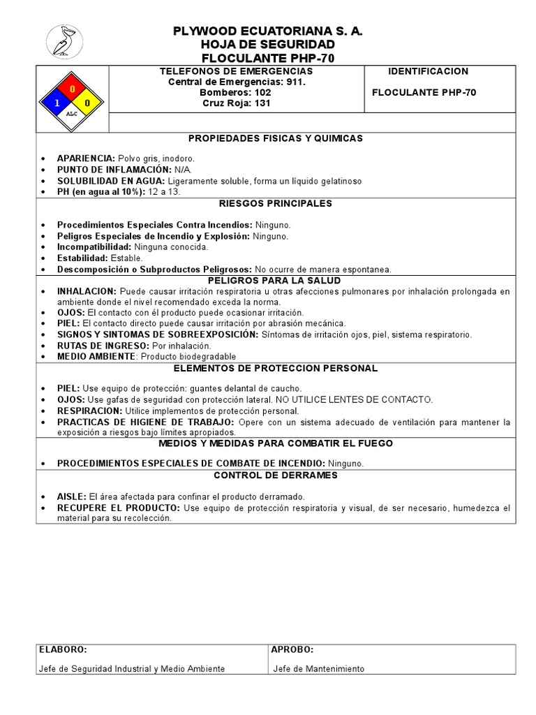 Hoja de Seguridad Floculante Php-70 | PDF | Agua | Química