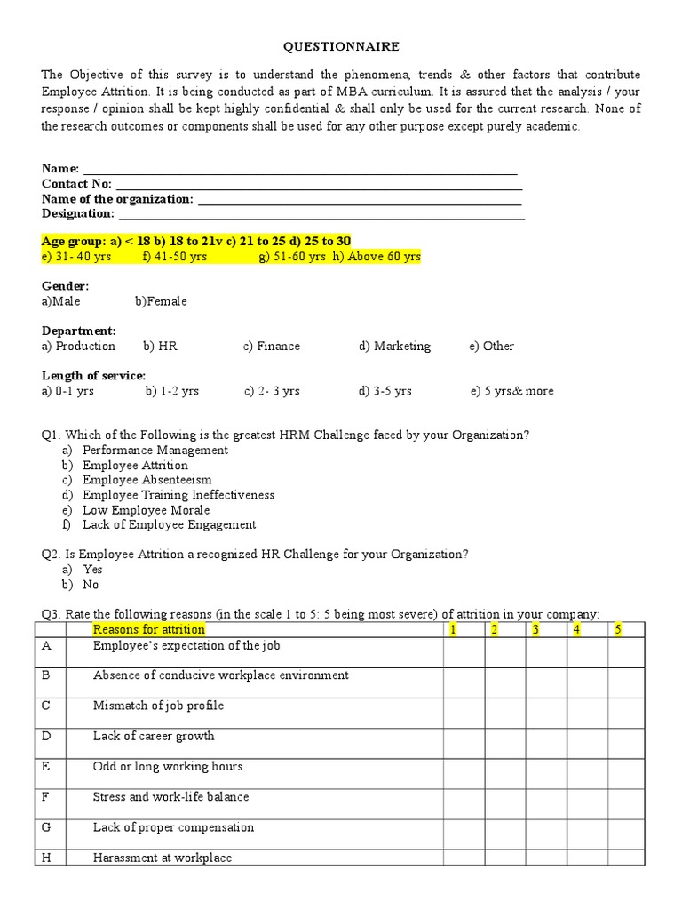 Questionnaire On Attrition Rate | PDF | Human Resource Management ...