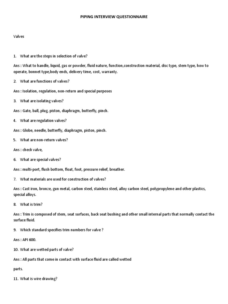 Piping Engineers Interview Questions | PDF | Valve | Pipe (Fluid ...