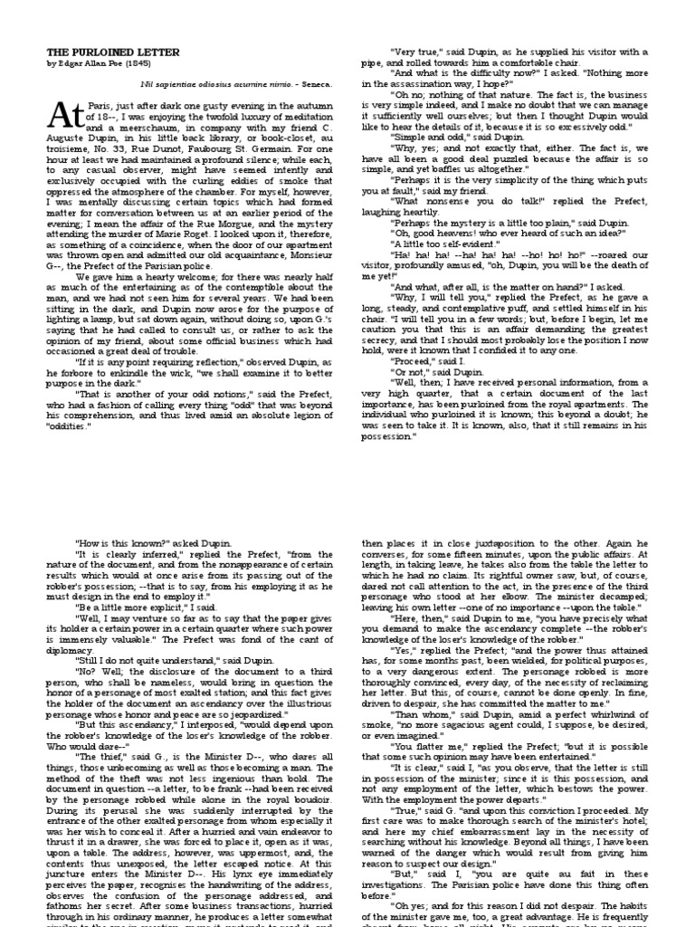 The Purloined Letter - Edgar Allan Poe | PDF | C. Auguste Dupin | Truth