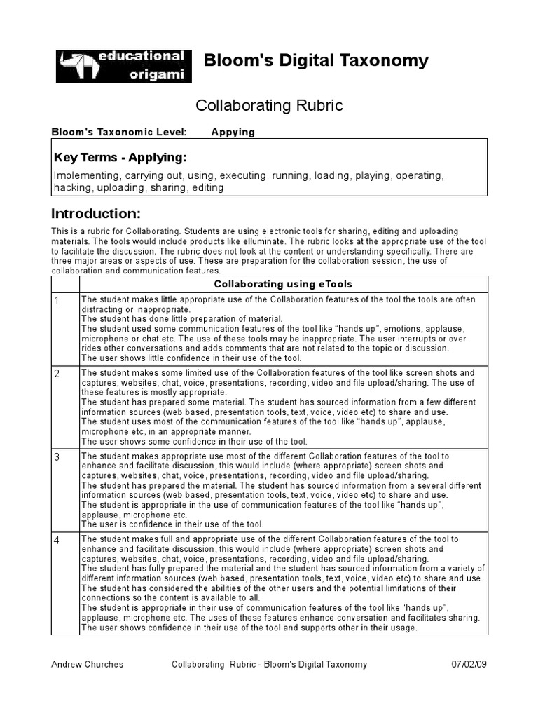 Bloom's Digital Taxonomy: Collaborating Rubric | PDF | Online Chat ...