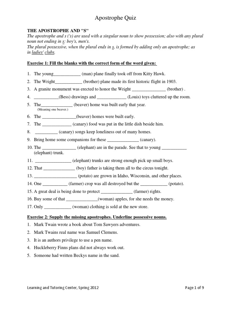 Apostrophe Quiz | PDF | Mark Twain | Language Mechanics