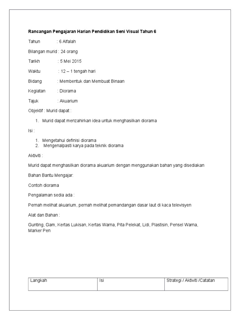 RPH PSV Tahun 6 (Diorama) | PDF