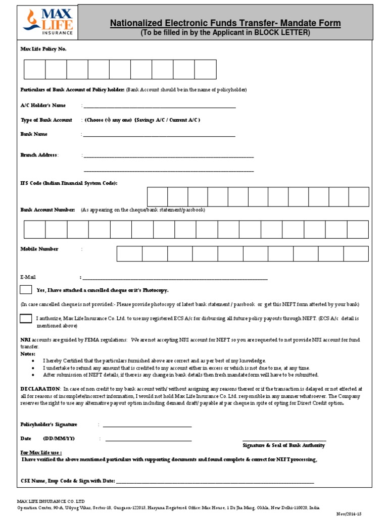 Nationalized Electronic Funds Transfer-Mandate Form: (To Be Filled in ...