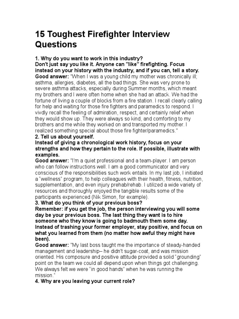 15 Toughest Firefighter Interview Questions | PDF | Firefighter ...