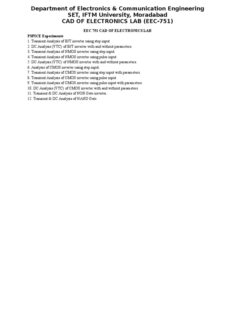Cad Lab Manual | PDF | Cmos | Mosfet