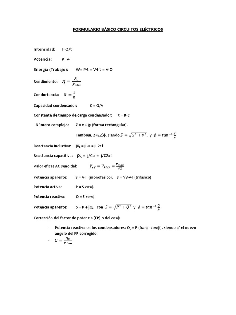 Formulario Teoria de Circuitos | PDF | Energia electrica | Poder (Física)