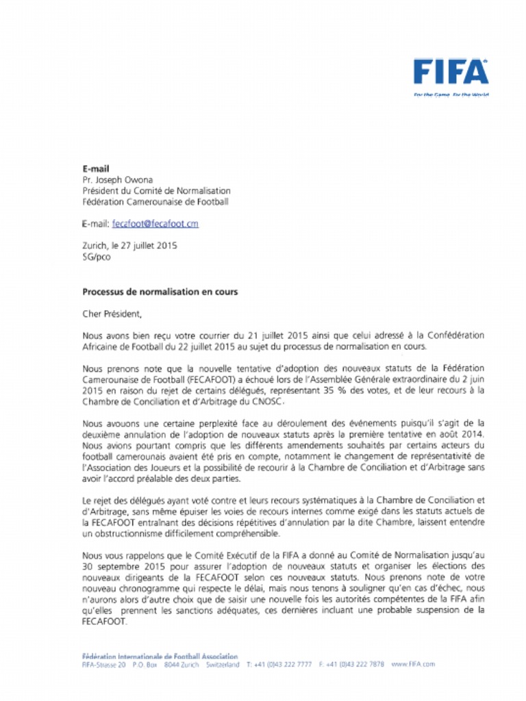 Lettre de La Fifa Au Comité de Normalisation de La Fecafoot | PDF