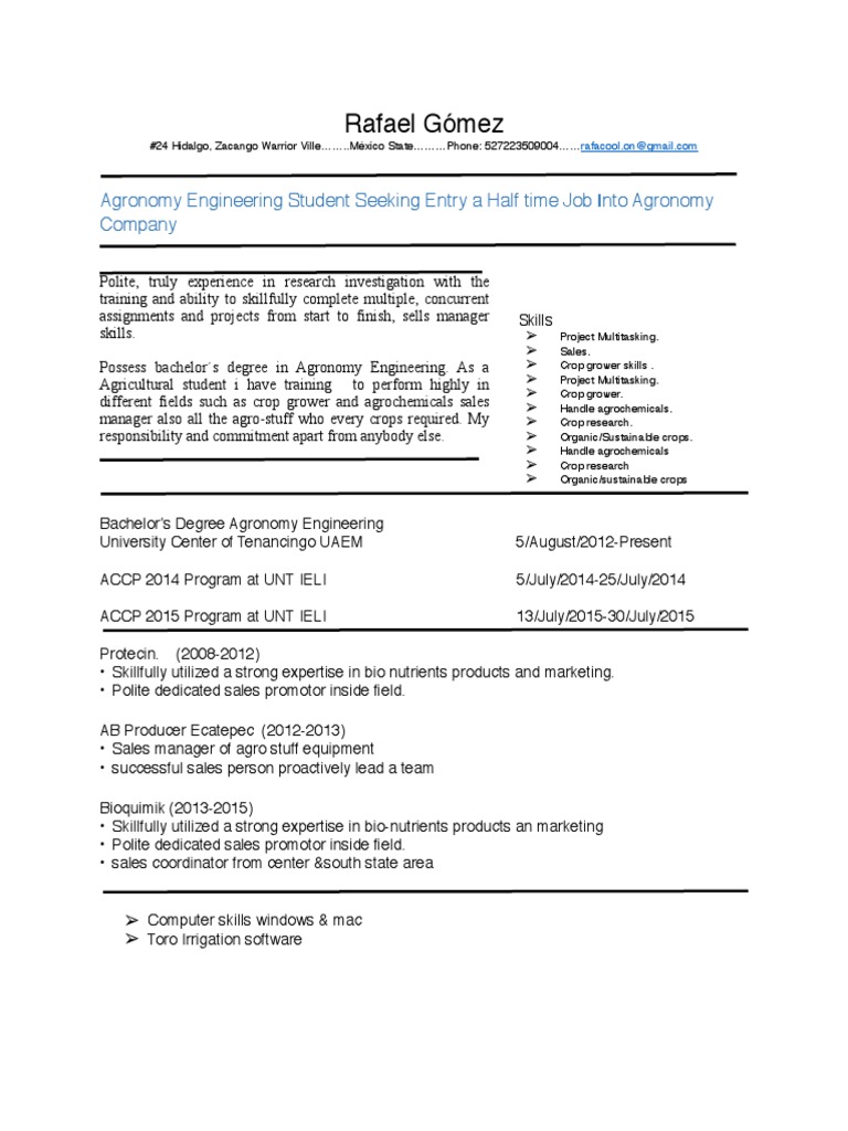 Agronomy Engineering Student Resume | PDF