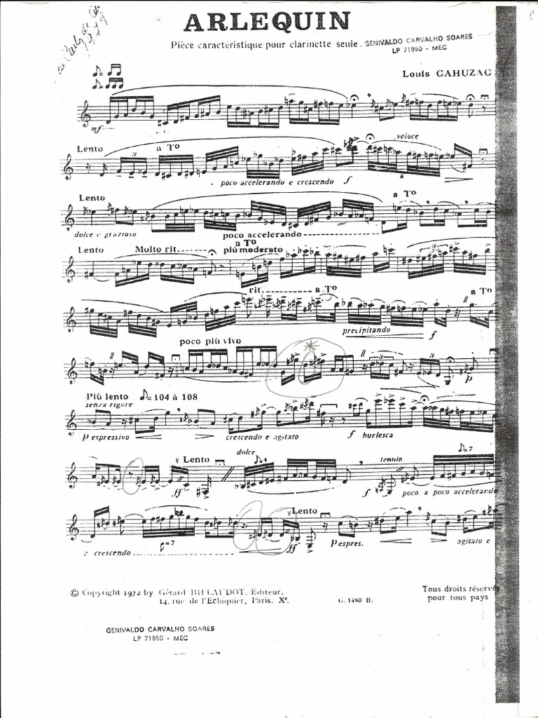 Louis Cahuzac - Arlequin - Piece Caracteristique Pour Clarinette Seule ...