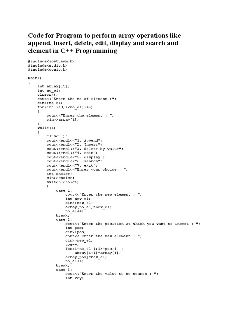 Code For Program To Perform Array Operations Like Append, Insert ...
