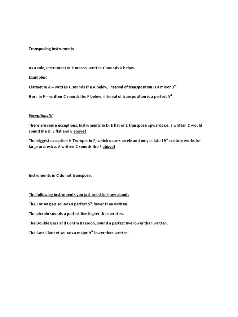 Transposing Instrument Chart | PDF
